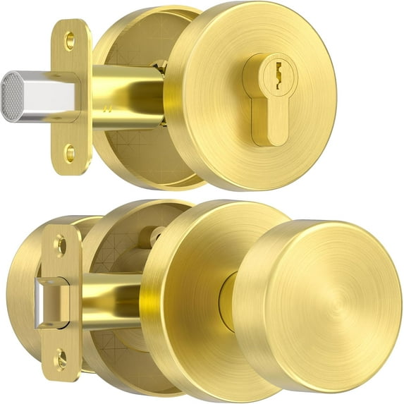 Gold Door Knob with Deadbolt Lock, Satin Brass Front Door Handle with ...