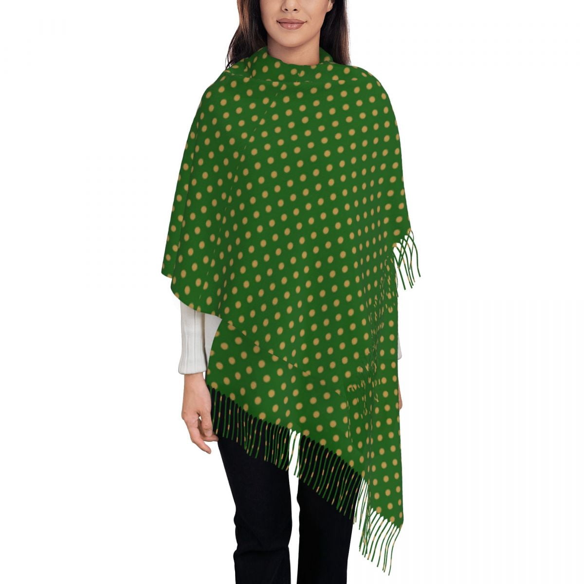 Gold Dot Print Scarf with Long Tassel Gold Polka Dots Keep Warm Shawl ...