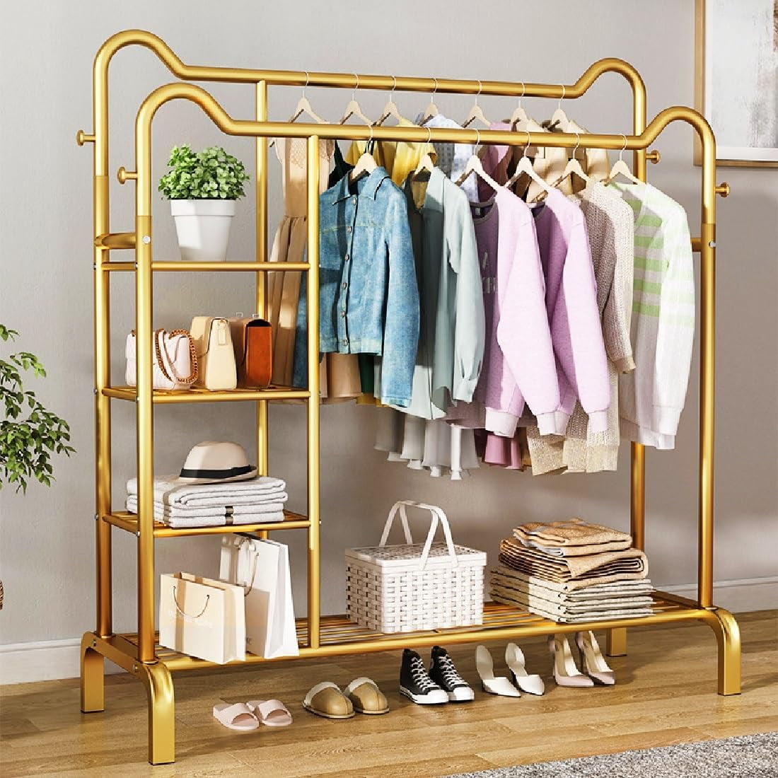 Gold Double Rod Clothing Garment Rack, Freestanding Clothes Rack with ...