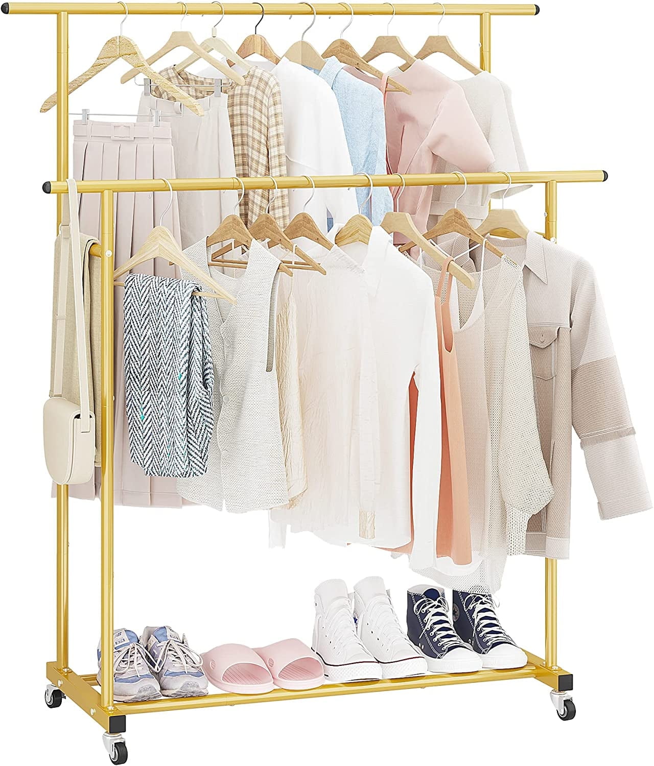 Gold Double-Rod Rolling Garment Rack - Premium Metallic Clothing ...