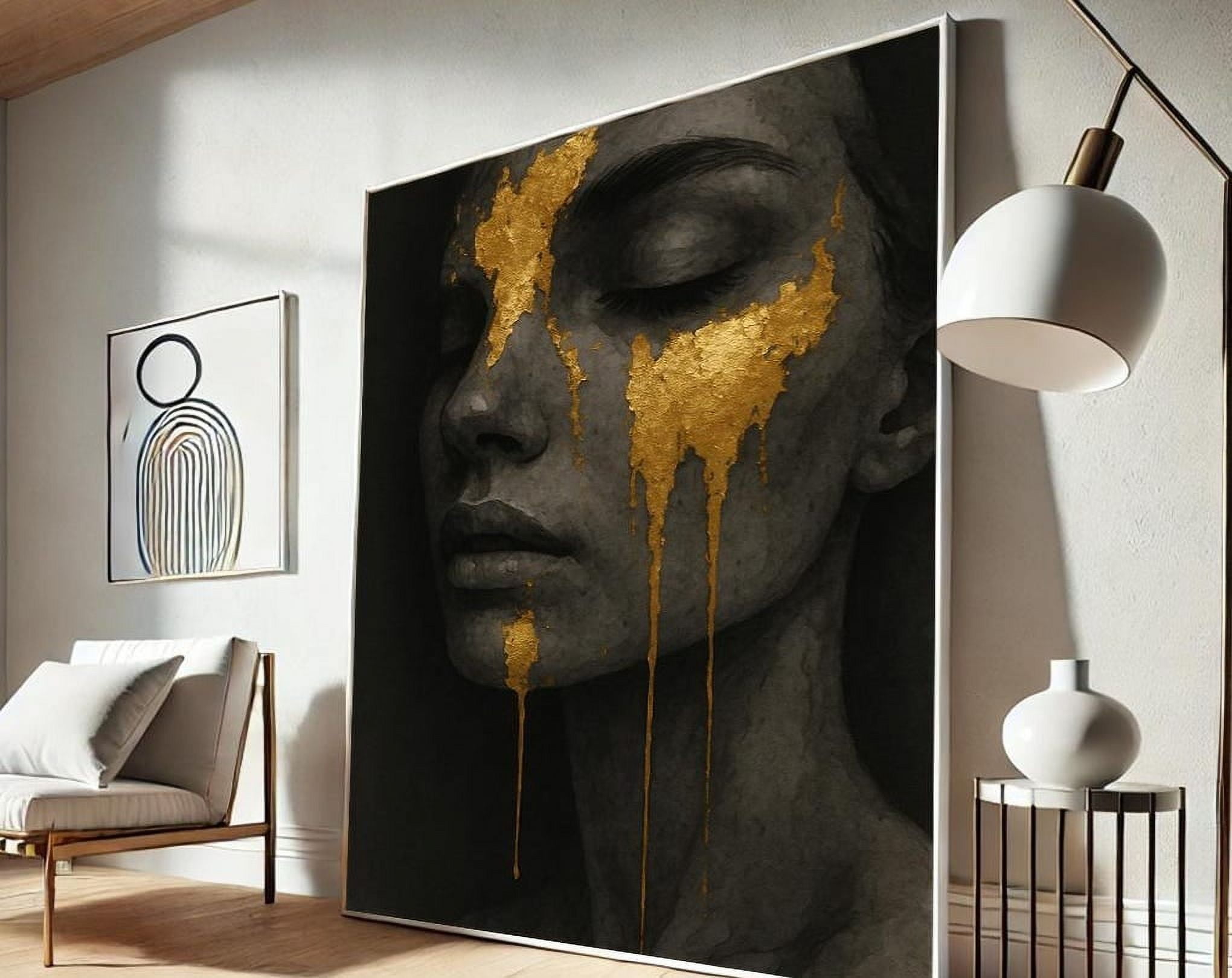 Gold Drip Face Art, Modern Black And Gold Wall Art Print, Emotional ...