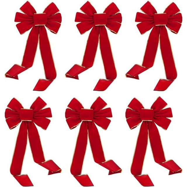 Gold Edge Red Velvet Christmas Wreath Bows 10 Wide Set Of 6