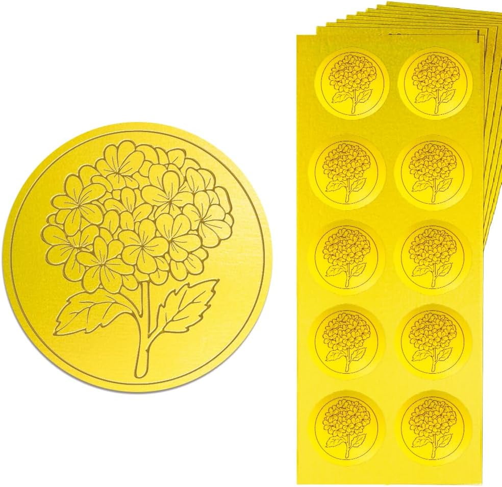 Gold Embossed Sticker Seal Hydrangea 1.4 Inch 150Pcs Self Adhesive ...