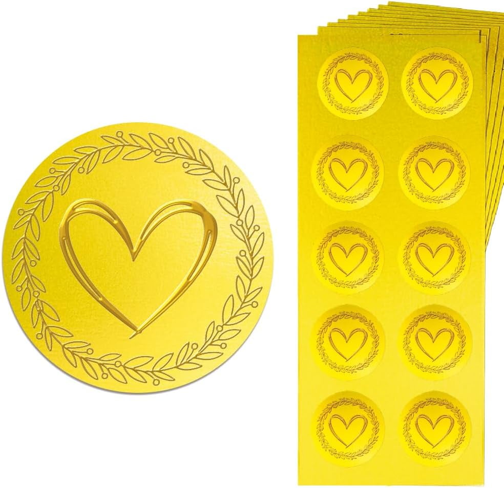 Gold Embossed Sticker Seal Love Heart and Wreath 1.4 Inch 150Pcs Self ...