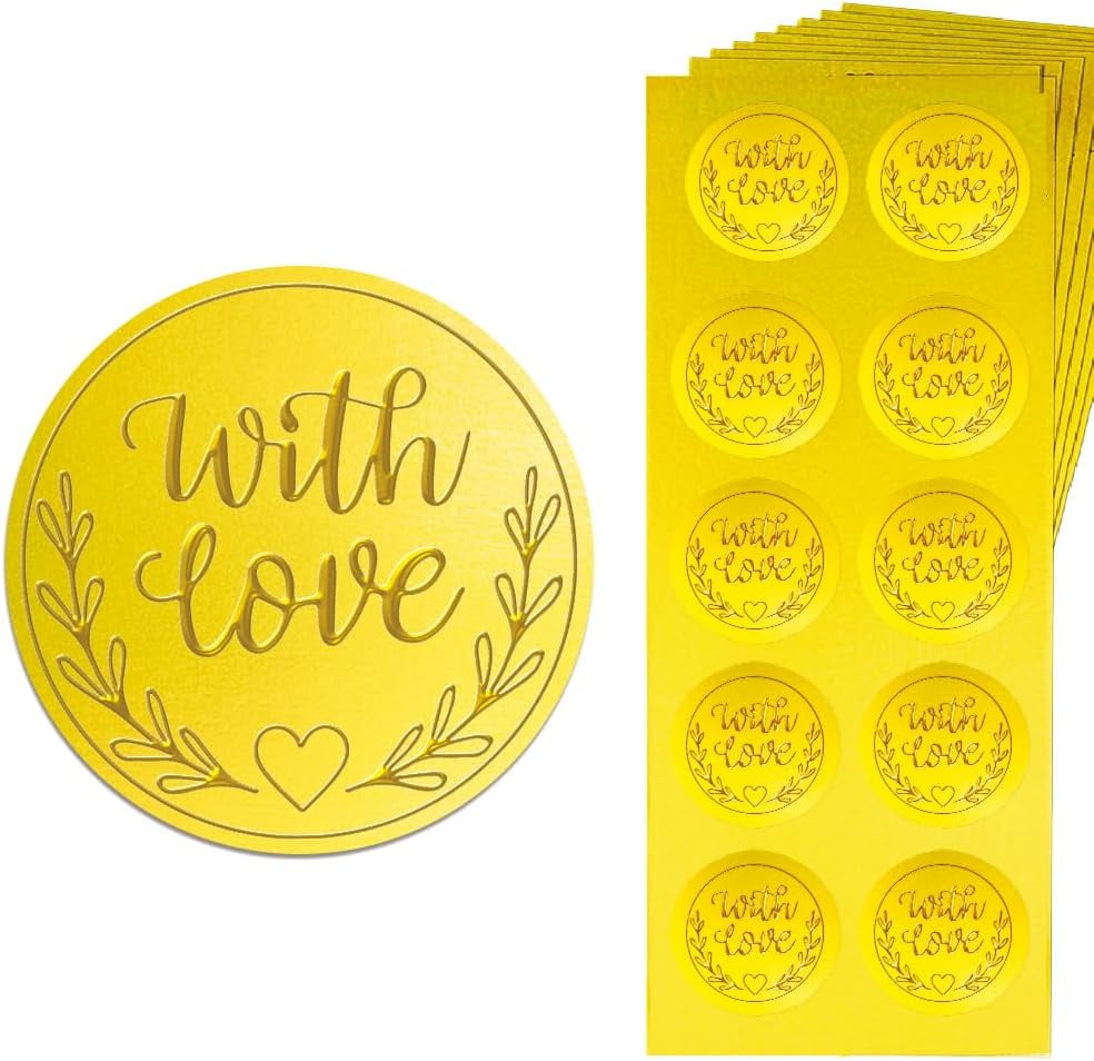 Gold Embossed Sticker Seal with Love and Leaves 1.4 Inch 150Pcs Self ...