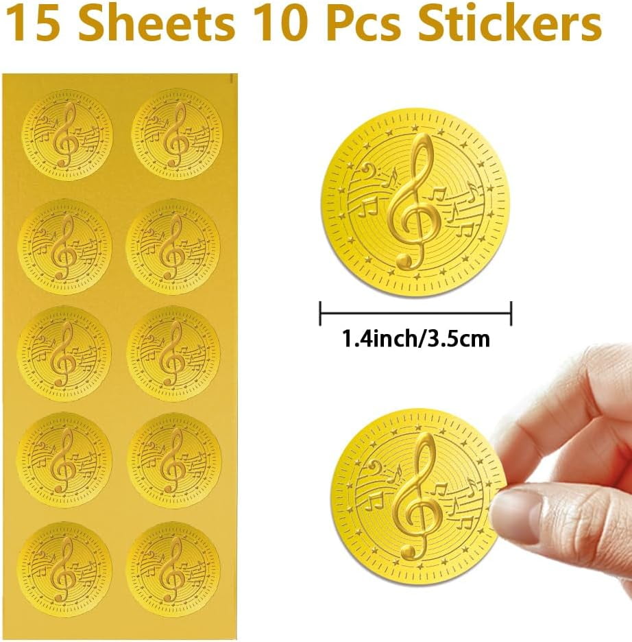 Gold Embossed Sticker Seal Music Note 1.4 Inch 150Pcs Self Adhesive ...