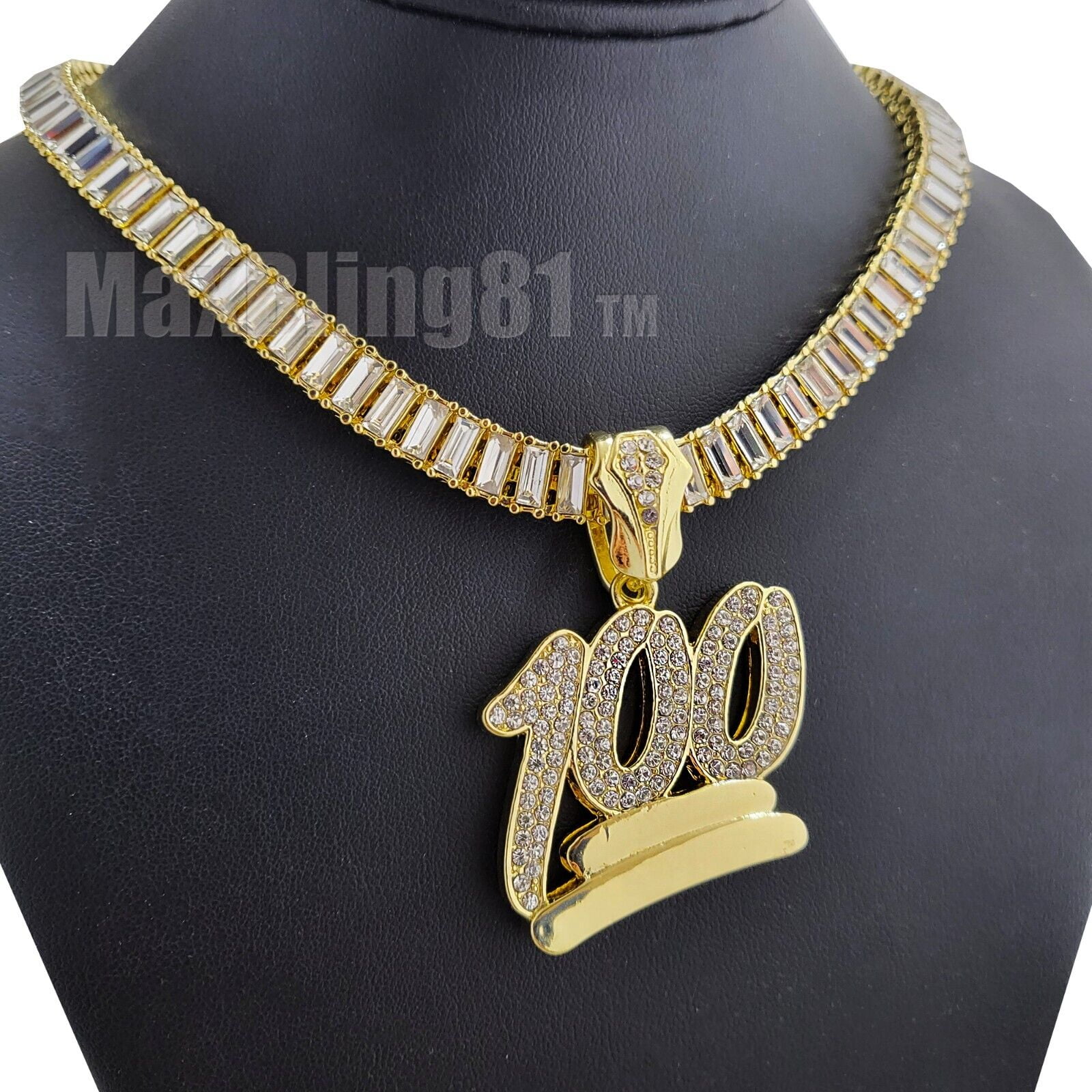 Gold Emoji 100 Pendant 18" 20" 24" Iced Simulated Baguette Stone Chain ...