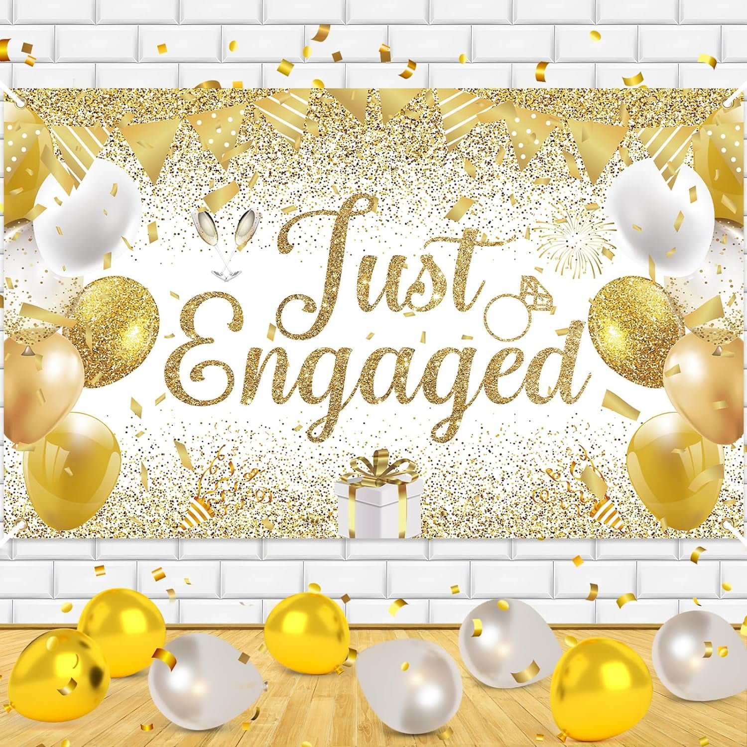 Gold Engagement Party Decoration, White Gold Just Engaged Banner ...