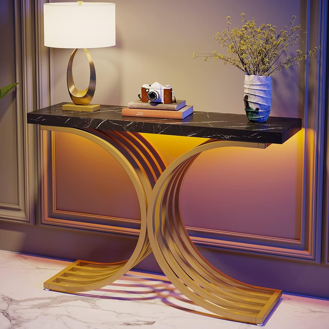 Gold Entryway Console Table with Led Light, Modern Foyer Entry Tables ...