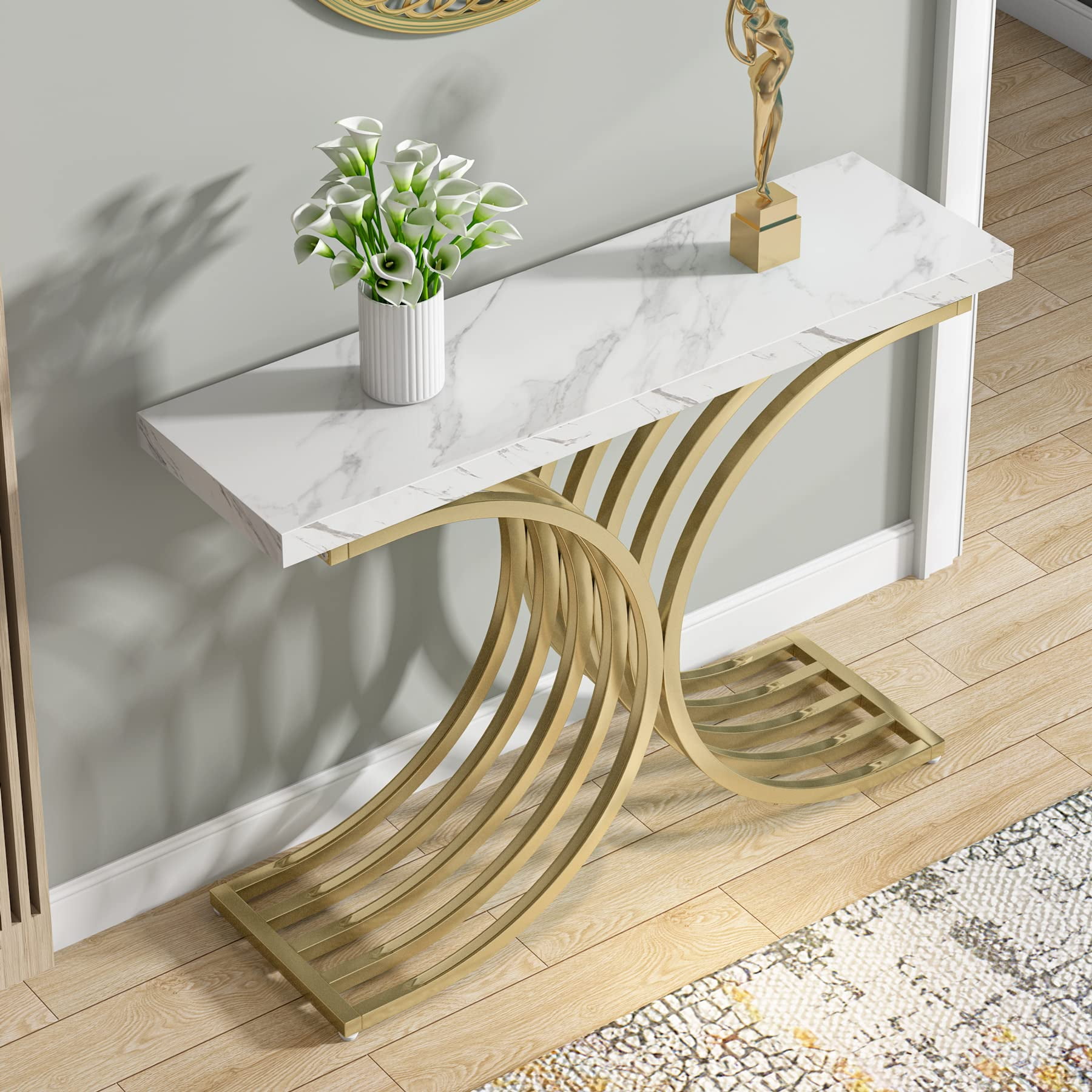 Gold Geometric Entryway Console Table, Decorative White Faux Marble Top ...