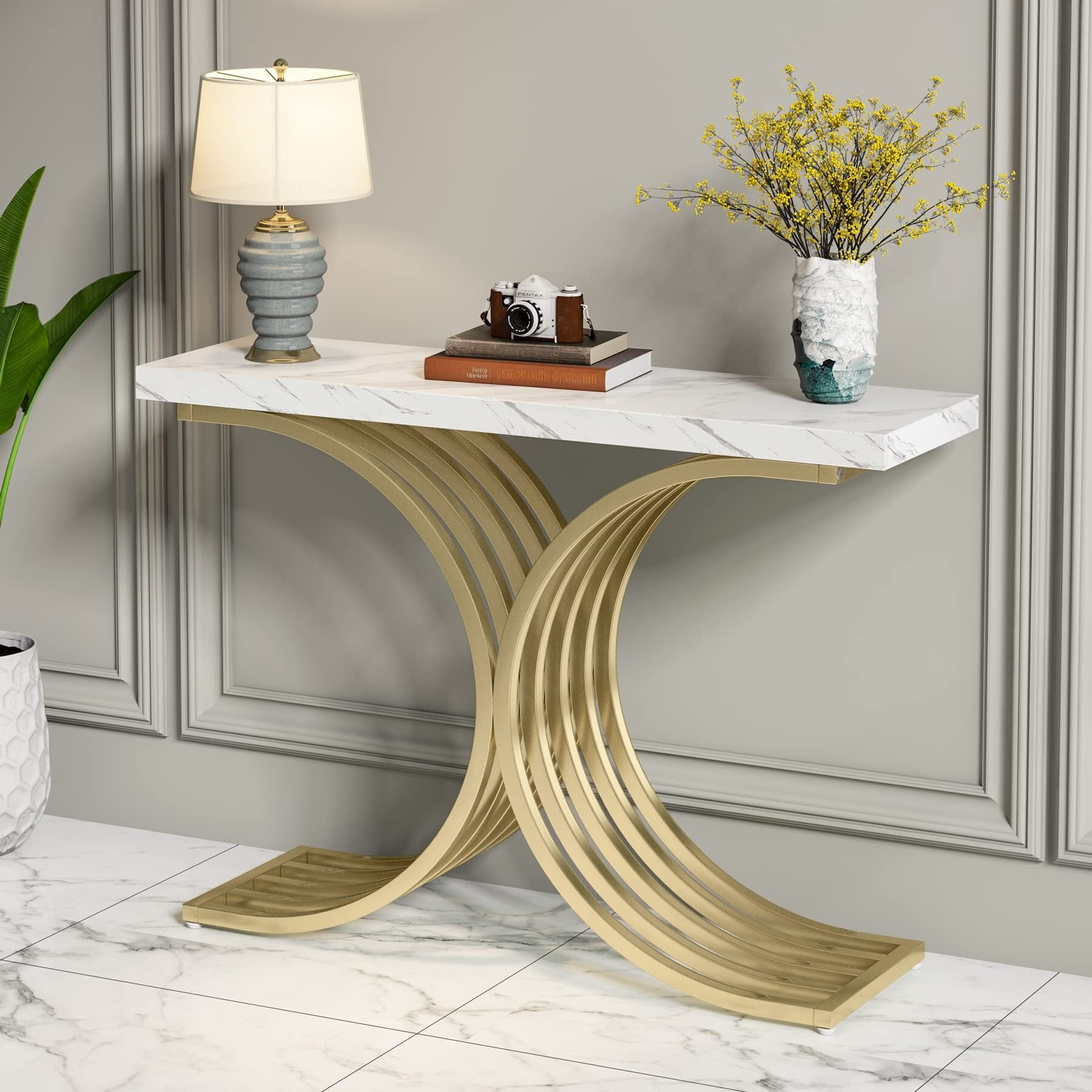 Gold Entryway Console Table with Metal Base, Modern foyer Entry tables ...