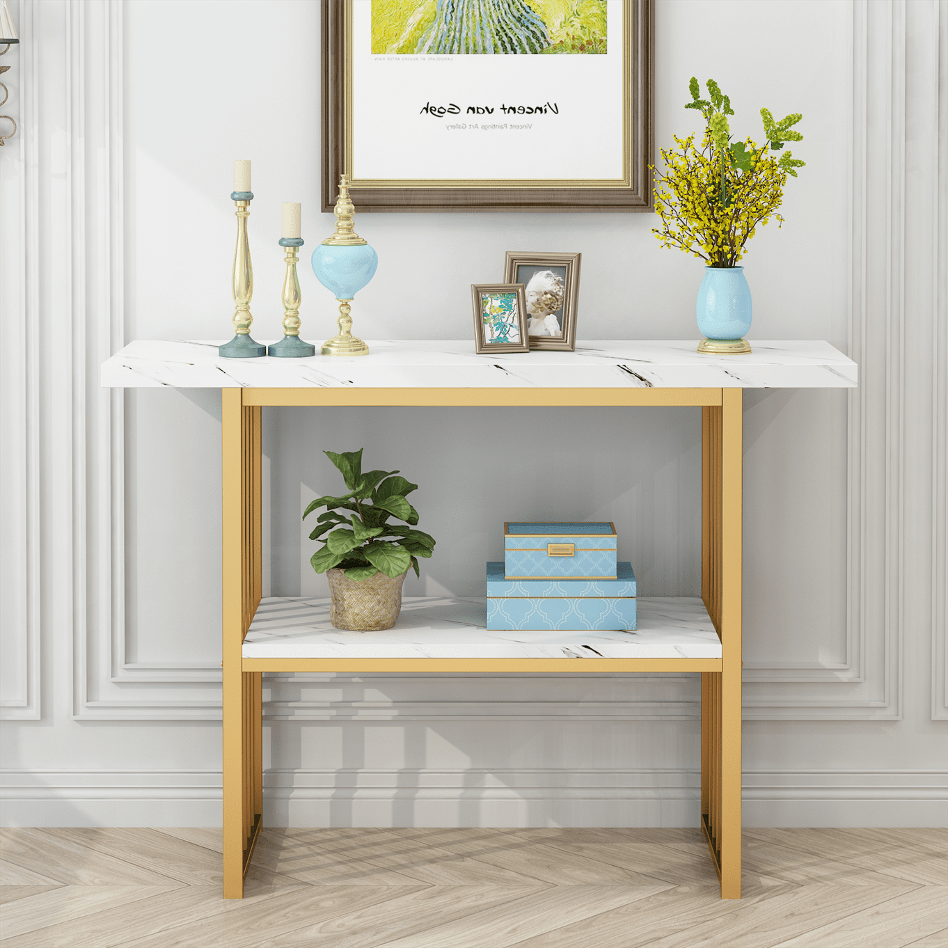 Gold Entryway Table, Modern 42-Inch Console/Accent Table with Geometric ...
