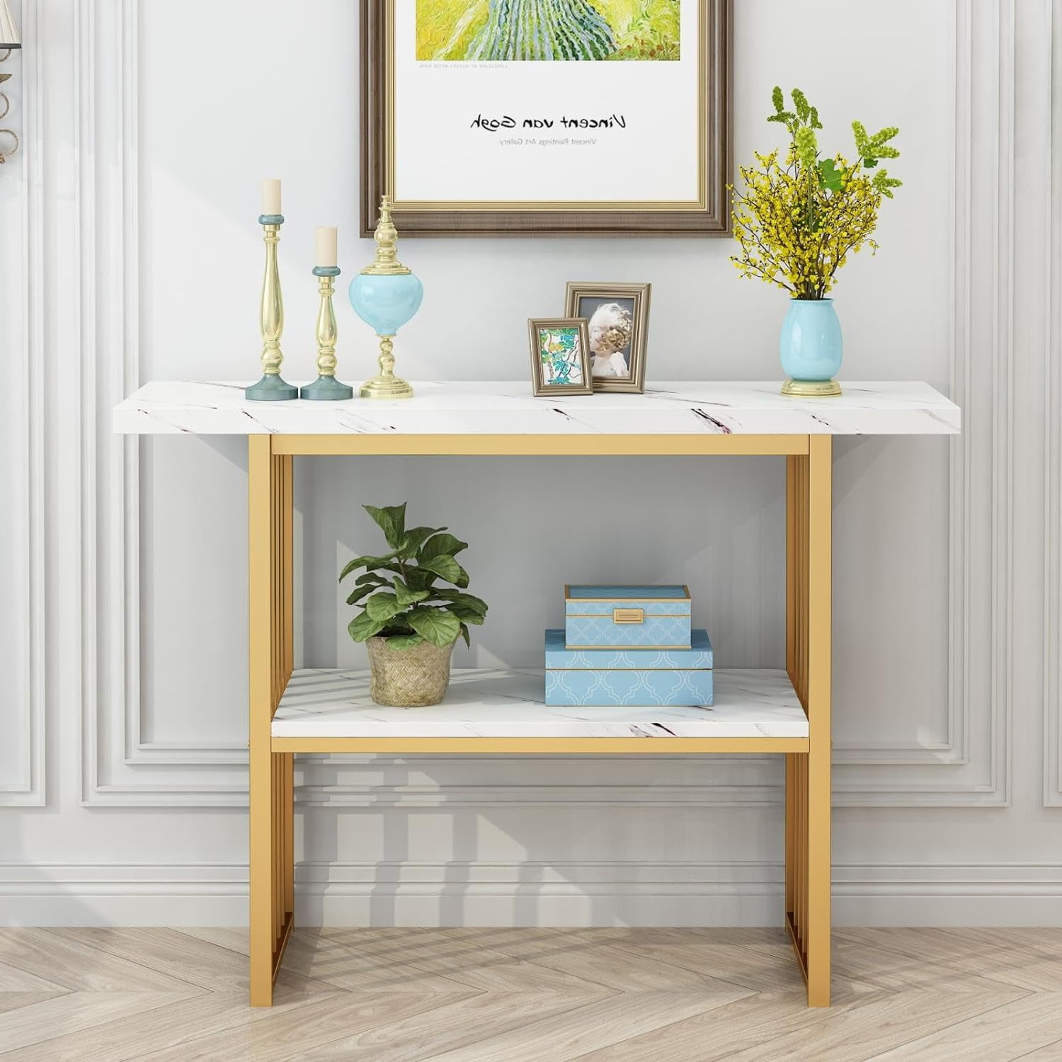 Gold Entryway Table, Modern 42-Inch Console/Accent Table with Geometric ...