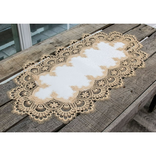 Gold European Lace and Antique Jacquard Fabric Table Runner (14" x 26 ...