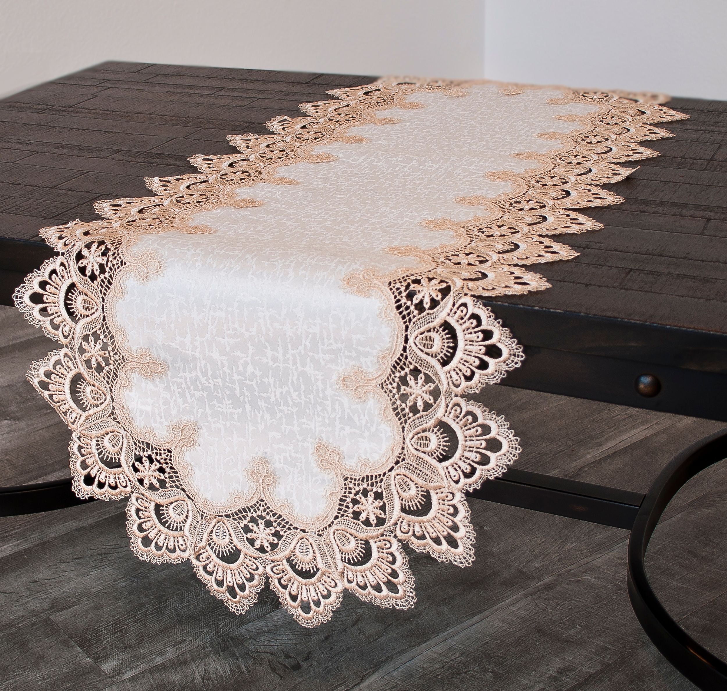 Gold European Lace and Antique Jacquard Fabric Table Runner (14" x 26 ...