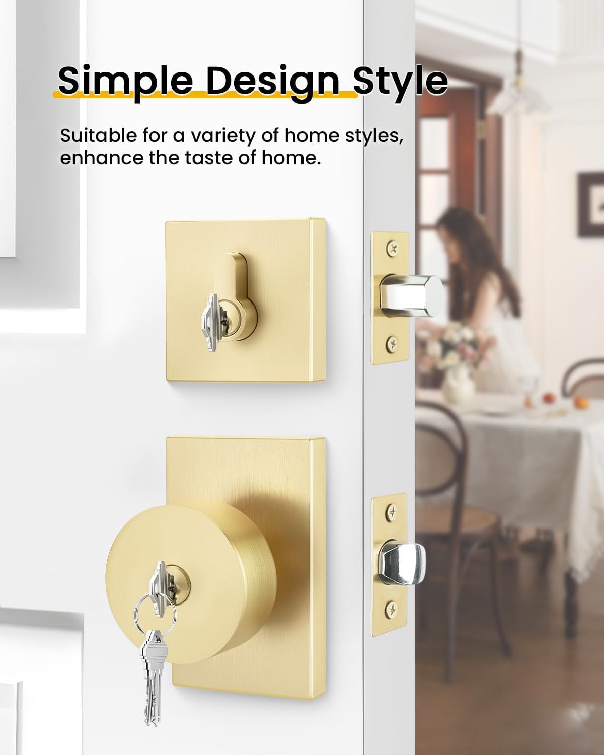 Gold Exterior Door Knob with Deadbolt, Square Contemporary Brushed Gold ...