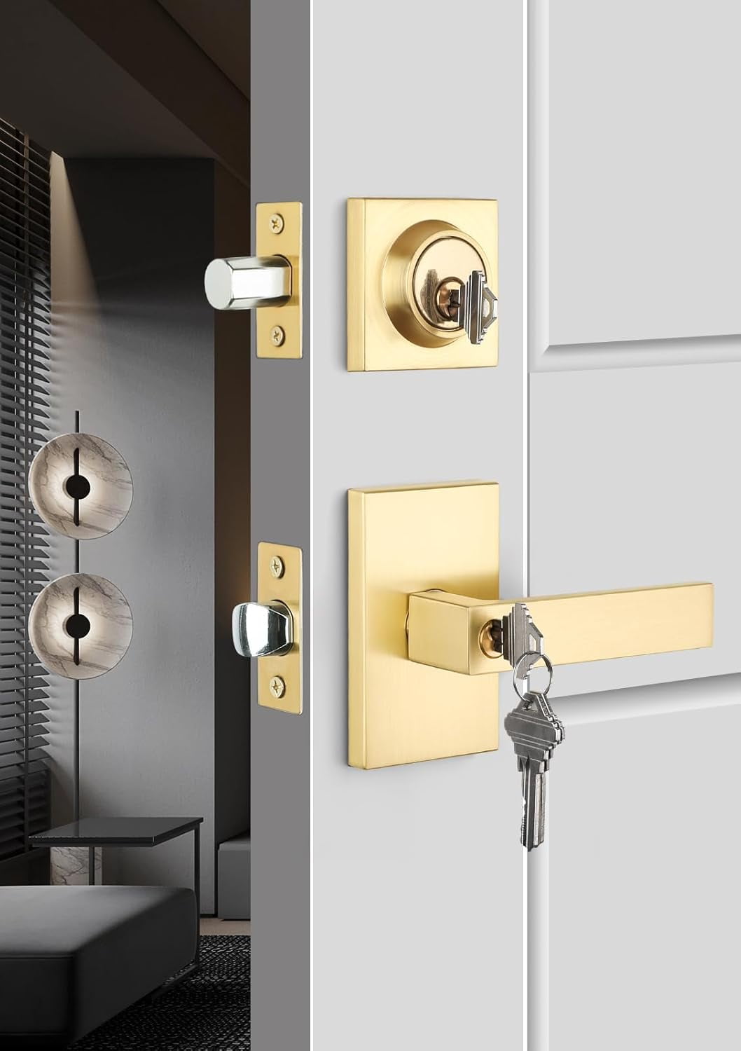 Gold Exterior Door Lock Set, Front Door Lock Set with Deadbolt, Square ...
