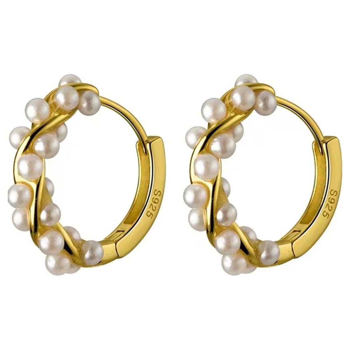 Gold Faux Pearls Twist Tiny Hoop Earrings 925 Sterling Silver for Women ...