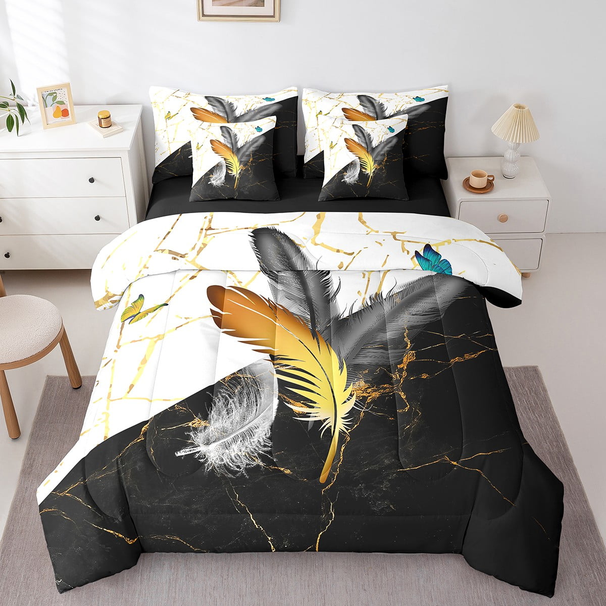 Gold Feather Comforter Set 7 Piece Bed in a Bag Twin,Black and White ...
