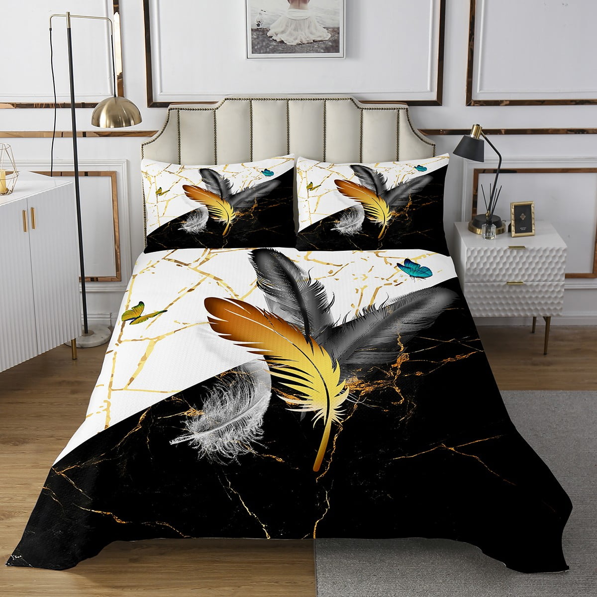 Gold Feather Quilt Set Black and White Marbling Coverlet Set,Ombre Art ...