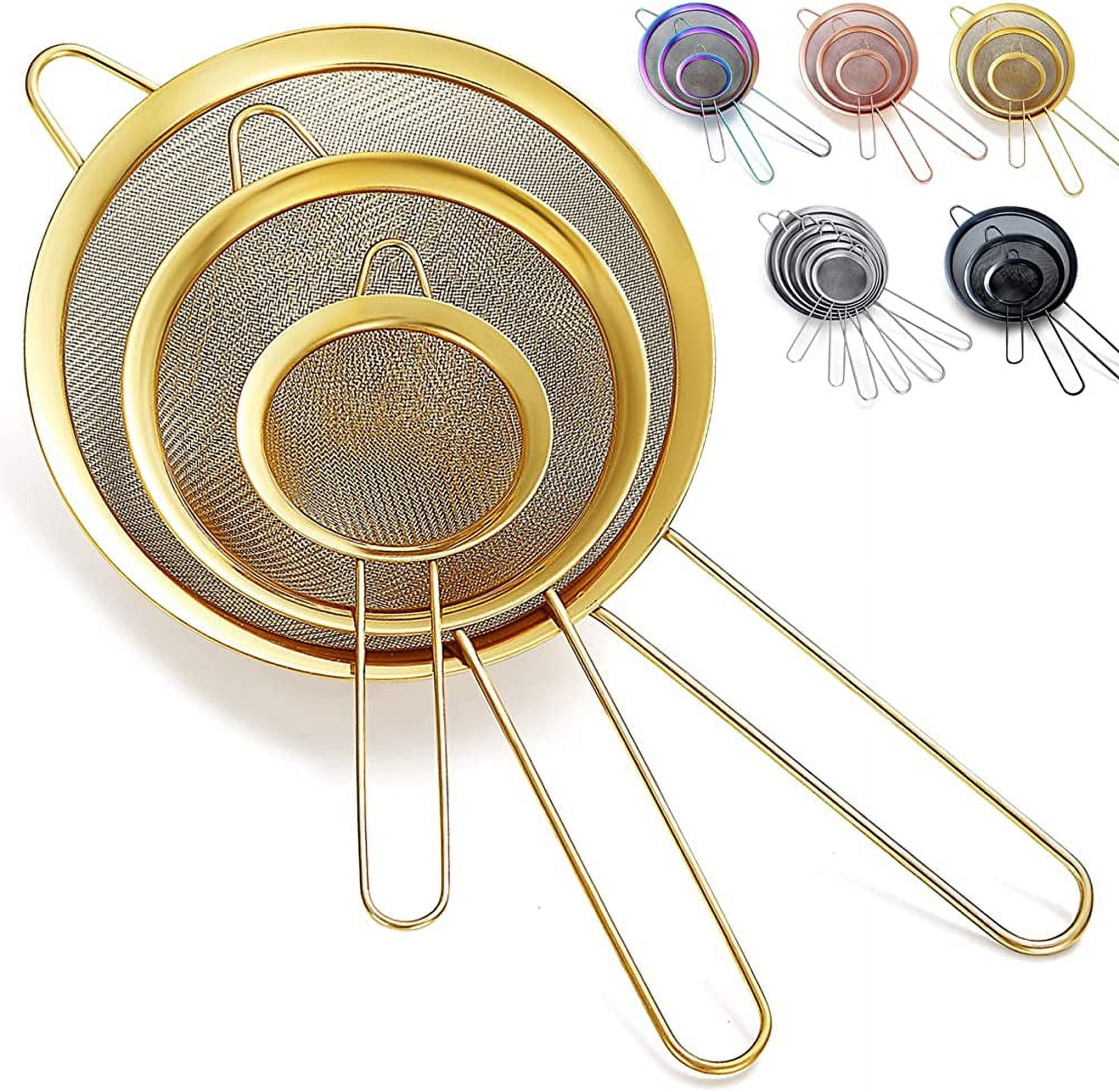 Gold Fine Mesh Strainer 3PC Set, Golden Flour Sifter for Baking ...