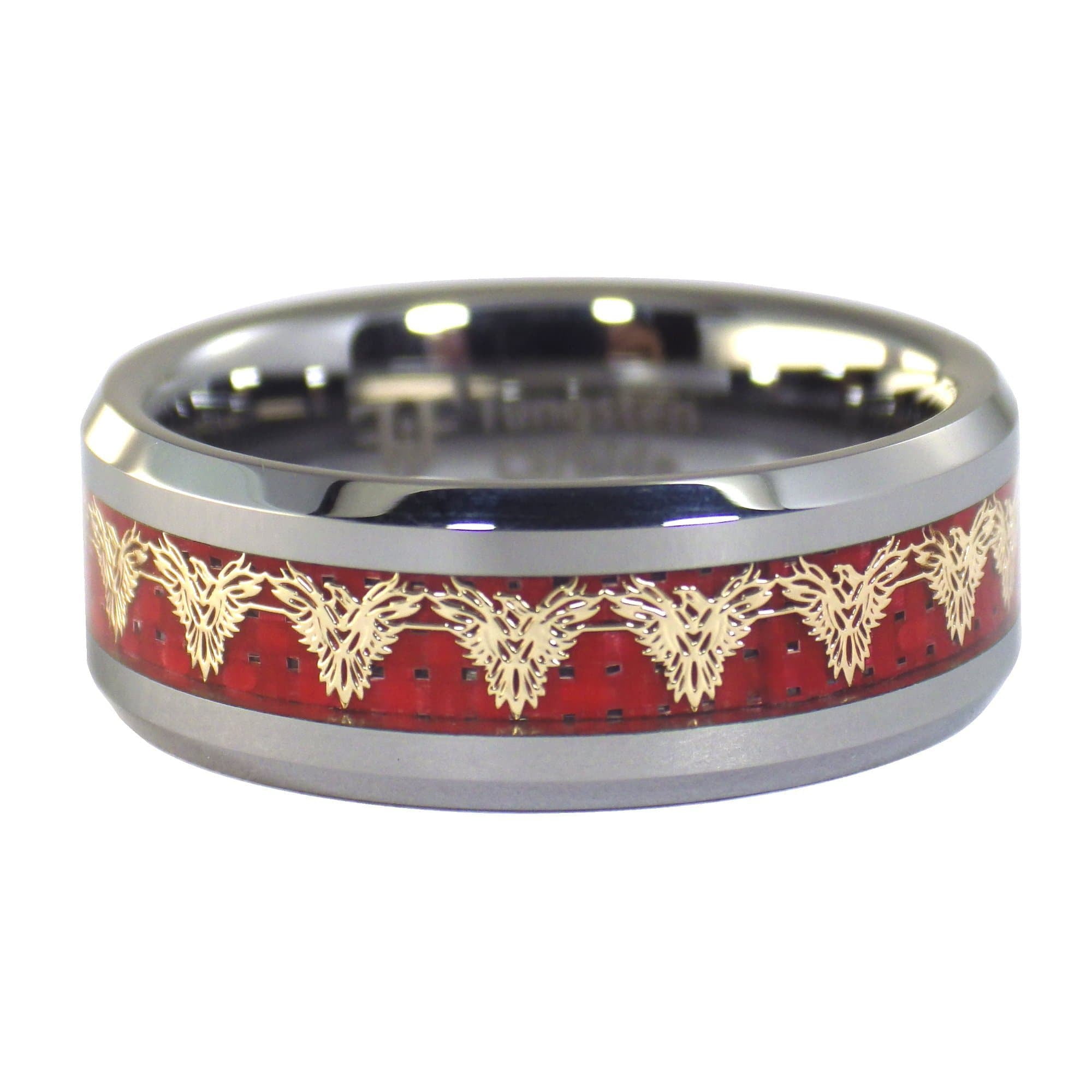 Gold Firebird Phoenix Silver Tungsten Ring with Red Carbon Fiber ...