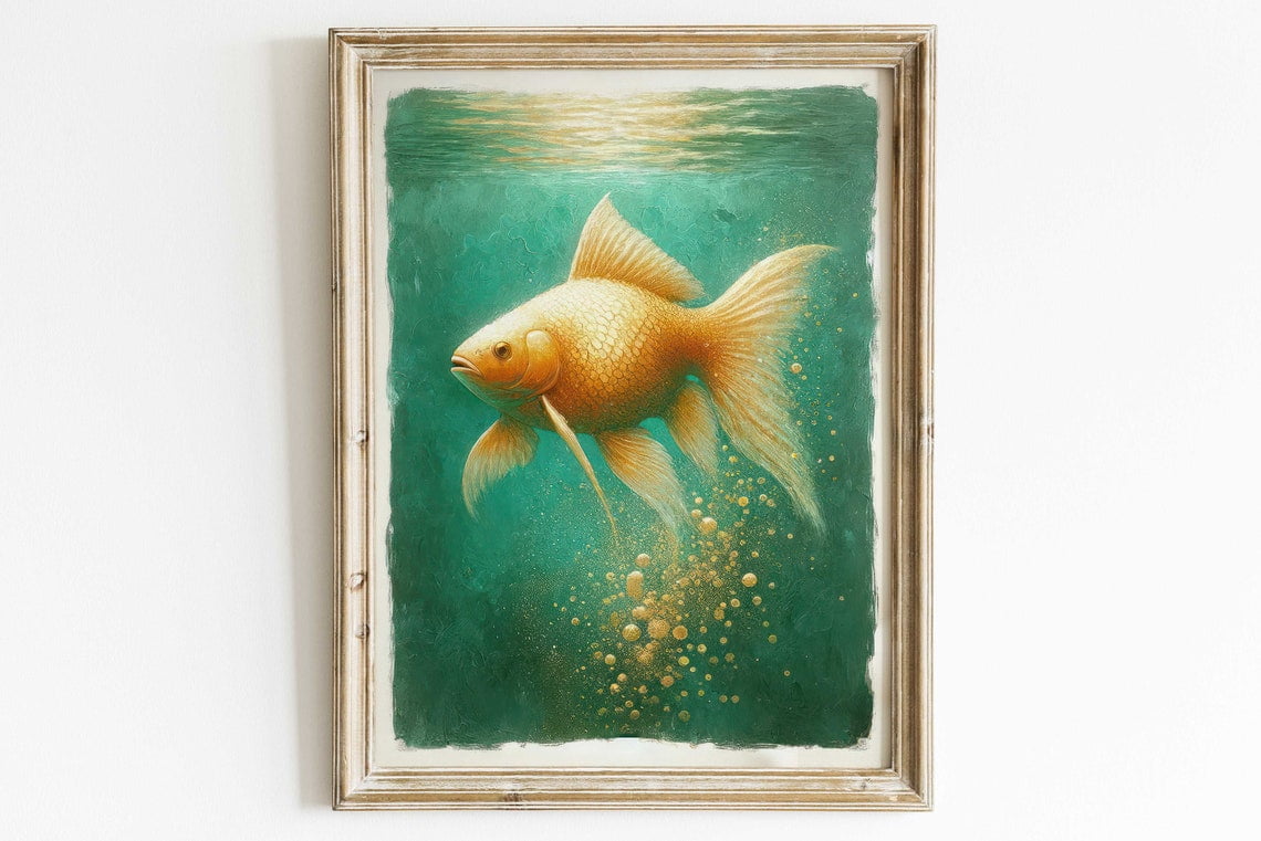 Gold Fish Art Emerald Green Vintage Home Wall Decor, Stretched Canvas ...
