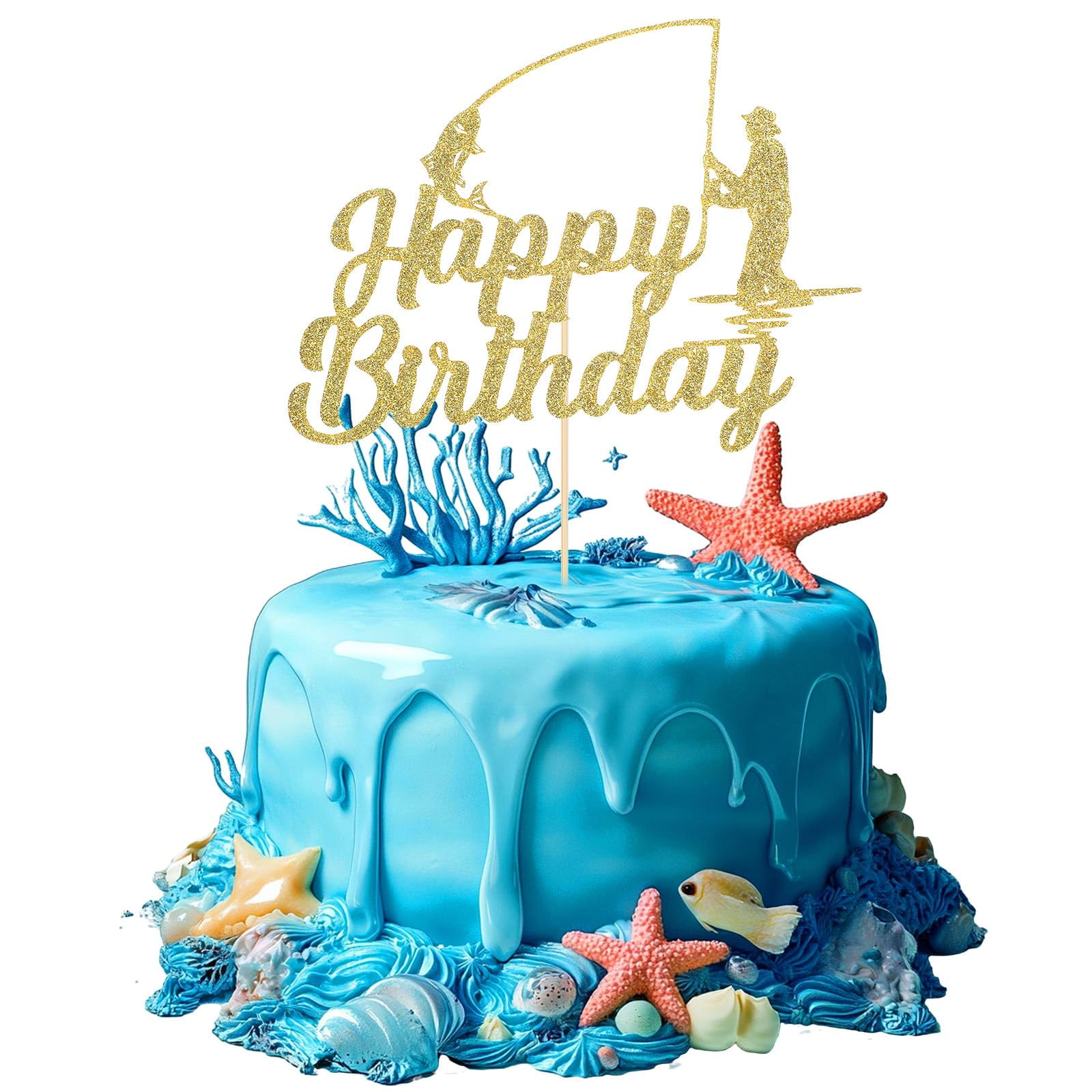 Gold Fishing Cake Topper, Fisherman Happy AIS1 Birthday Fish Cake ...