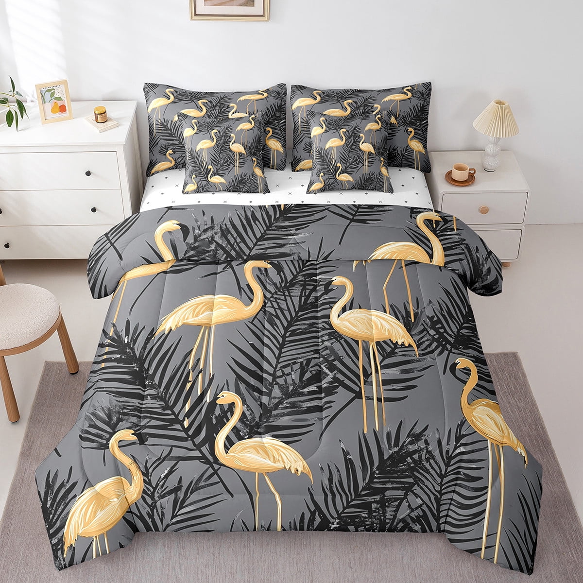 Gold Flamingo Full Bedding Set 7 Piece Palm Tree Leaves Comforter Set ...
