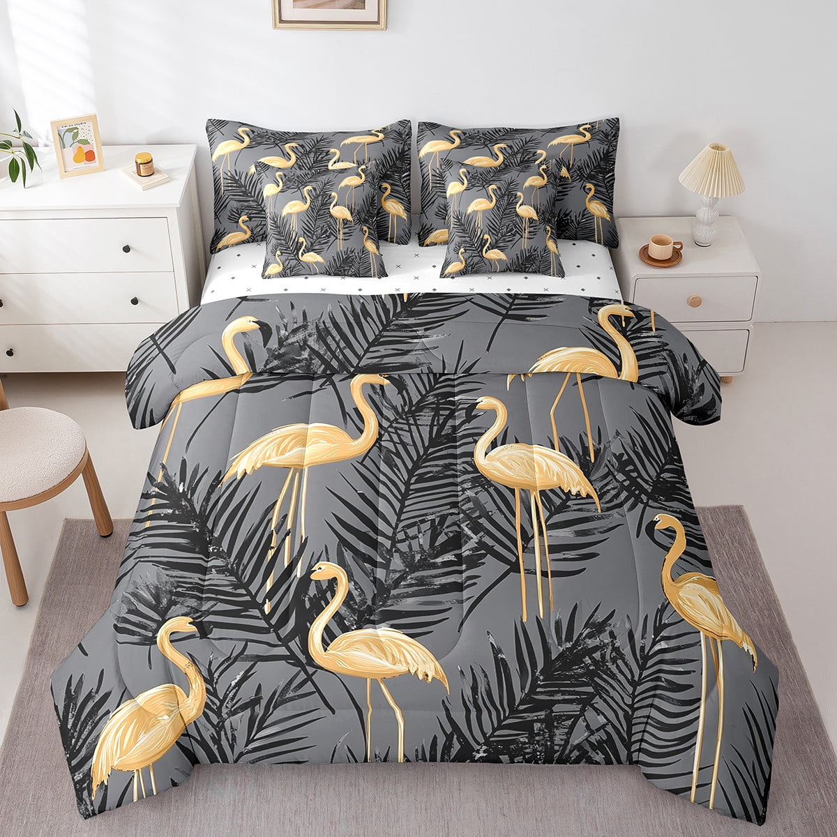 Gold Flamingo King Bedding Set 7 Piece Palm Tree Leaves Comforter Set ...