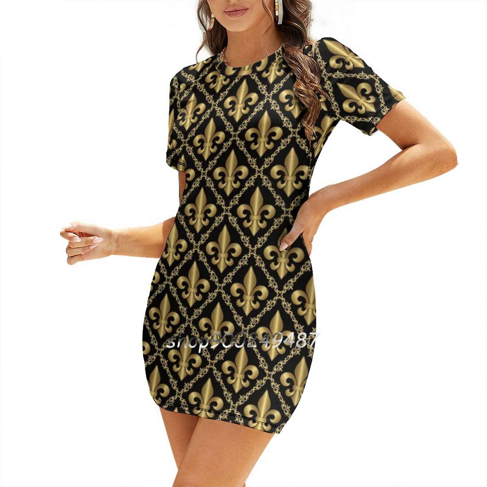 Gold Fleur-De-Lis Pattern Evening Party Dresses Midi Sexy Dress Female ...