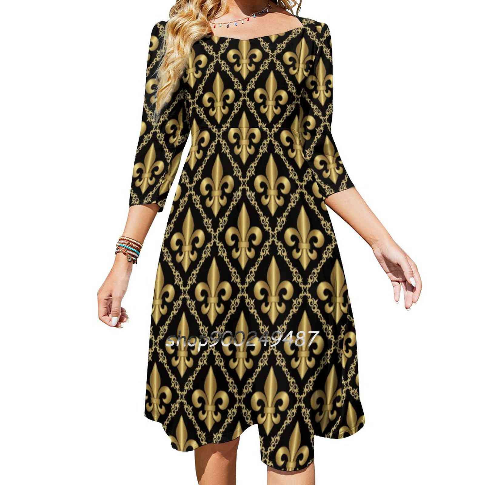 Gold Fleur-De-Lis Pattern Evening Party Dresses Midi Sexy Dress Female ...