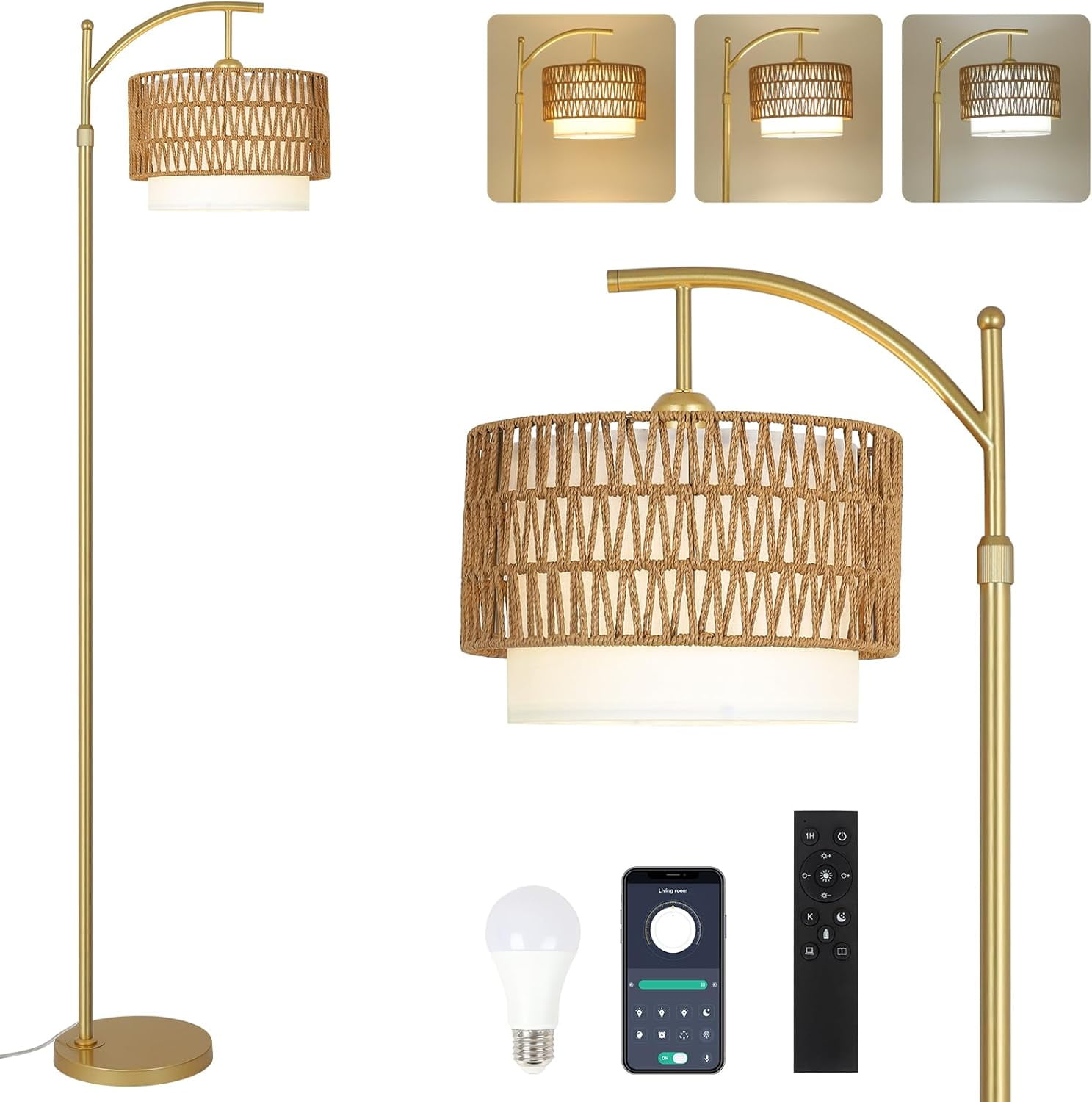 Gold Floor Lamps for Living Room with Remote & Dimmable LED Bulb ...