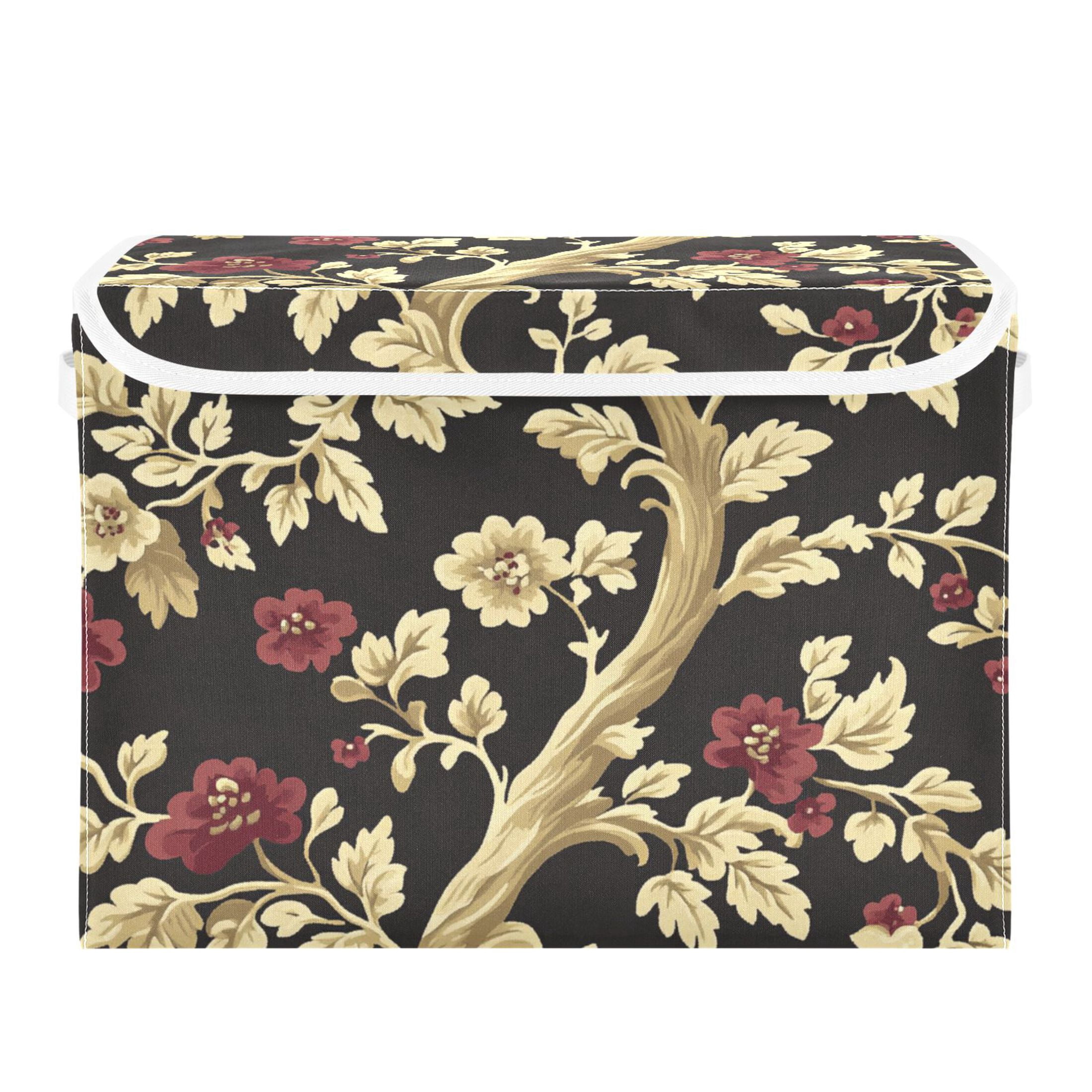 Gold Floral Design Large Storage Bins with Linen Collapsible Lid ...