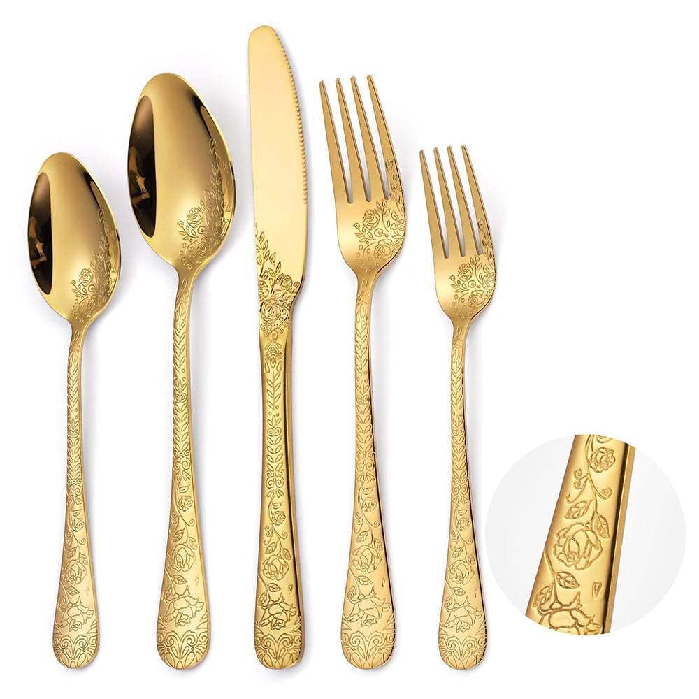 Gold Floral Flatware Set 5 Piece Stainless Steel Cutlery Set with ...