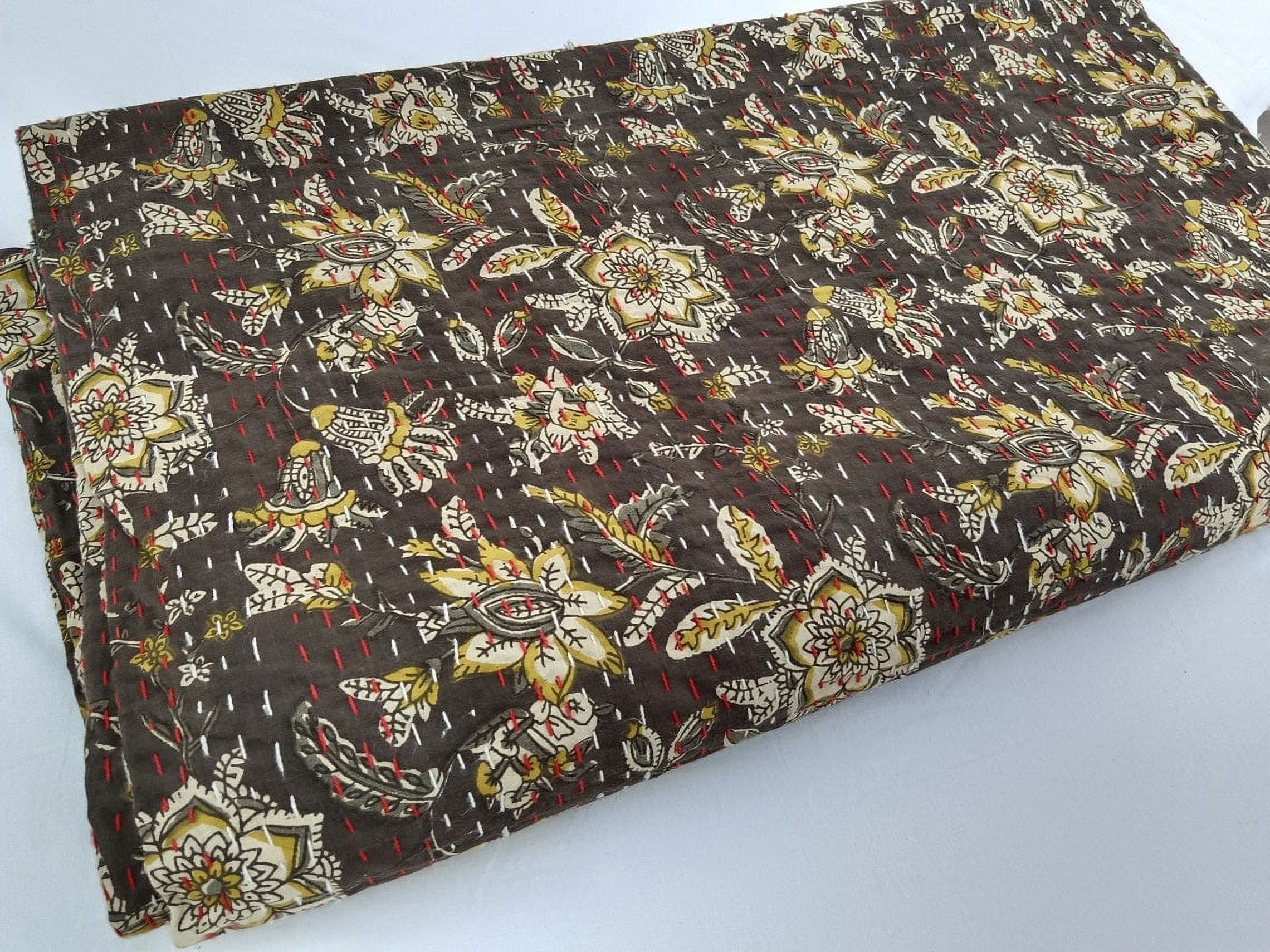 Gold Floral Kantha Quilt Handblock Print floral Kantha handblock print ...