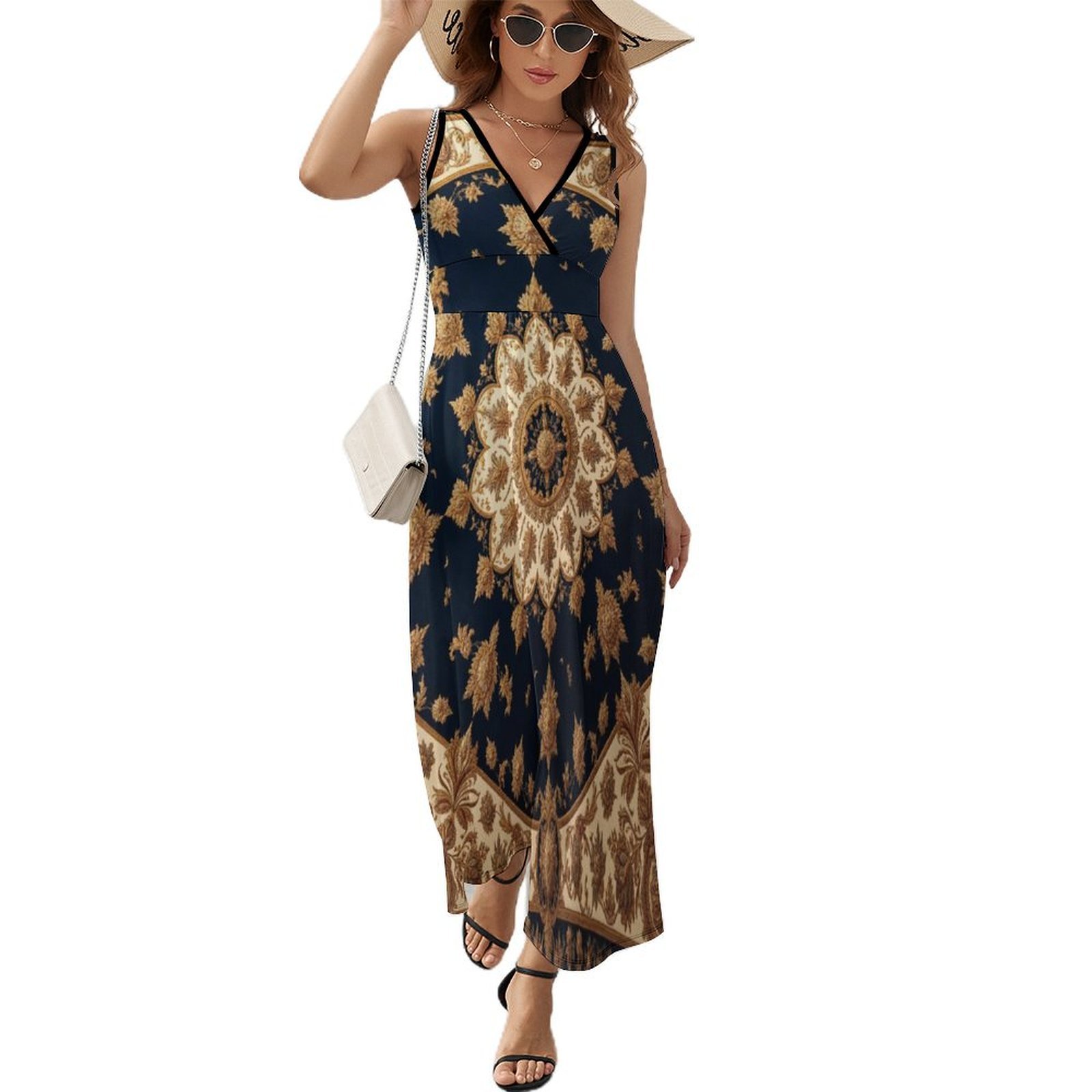 Gold Floral Pattern on Dark Blue Background Dress Fashion Boho Beach ...