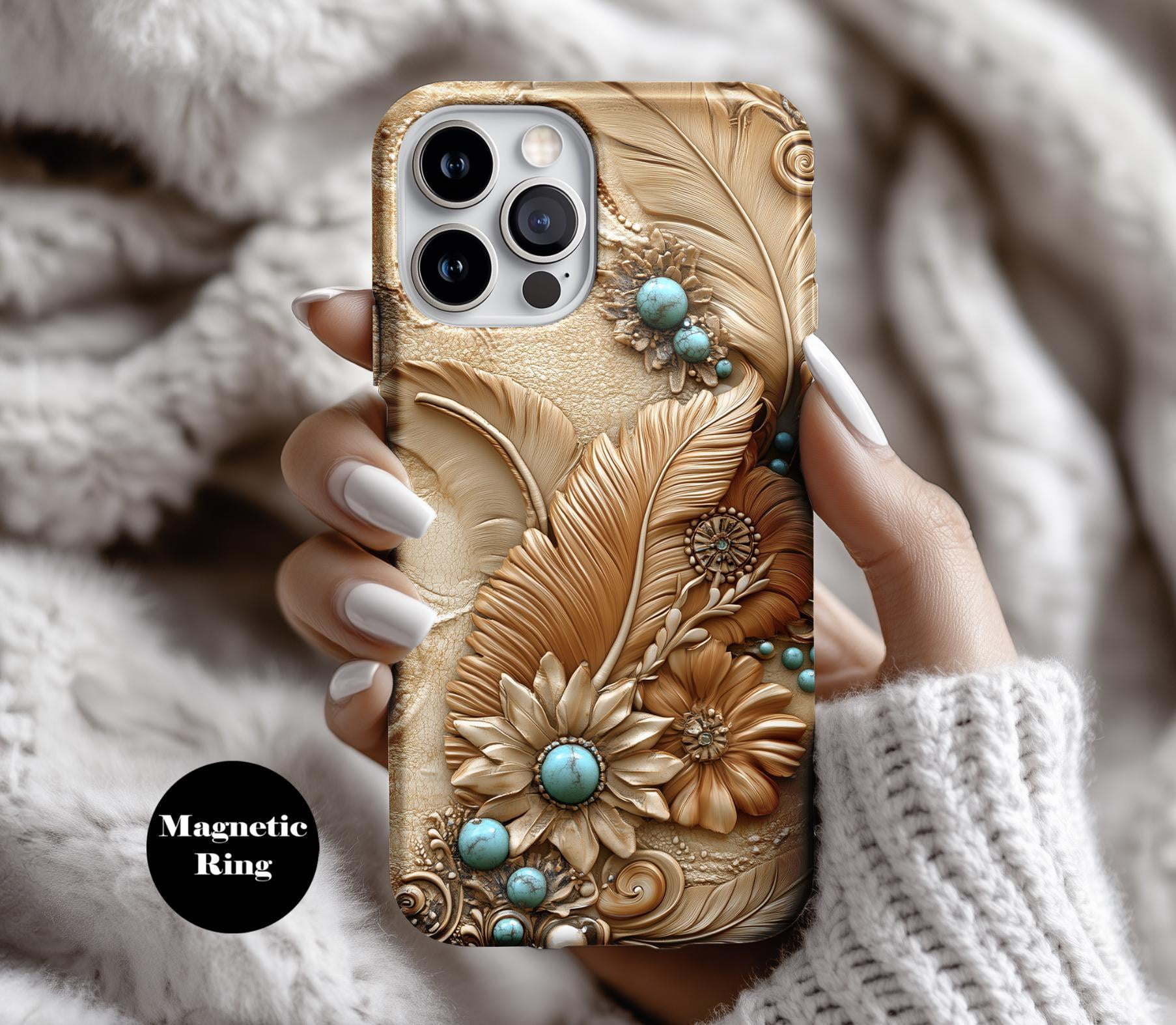 Gold Floral Turquoise 3D Phone Case with iPhone 17 16 15 14 13 12 11 ...