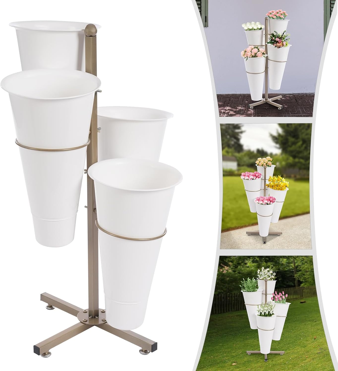 Gold Flower Display Stand with 4Pcs White Round Buckets, Metal Plant ...