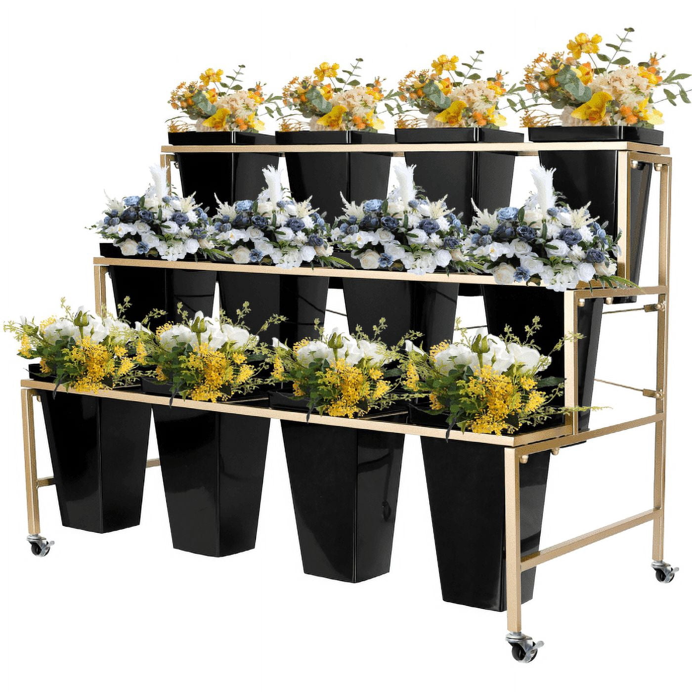 Gold Flower Display Stand with 12 Buckets, Easy Assembly, 3-Layers ...