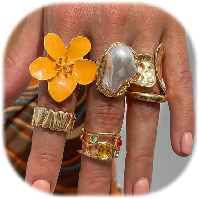 Gold Flower Rings Pearl Stacking Statement Rings for Women Silver ...