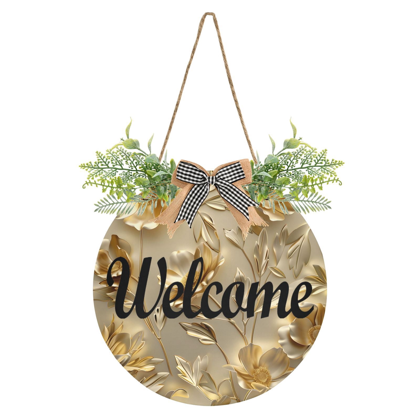 Gold Flowers and Leaves Welcome Sign for Front Door Wreath Door Sign ...
