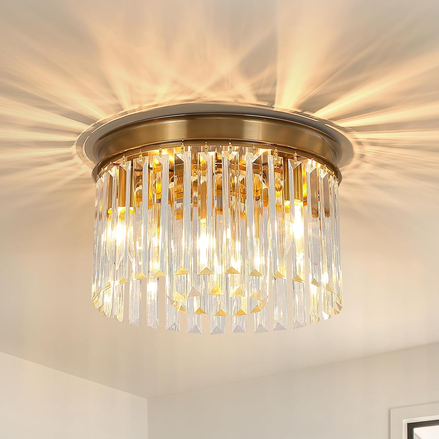 Gold Flush Mount Ceiling Light, 12 Inch Modern Crystal Light Fixture, 3 ...