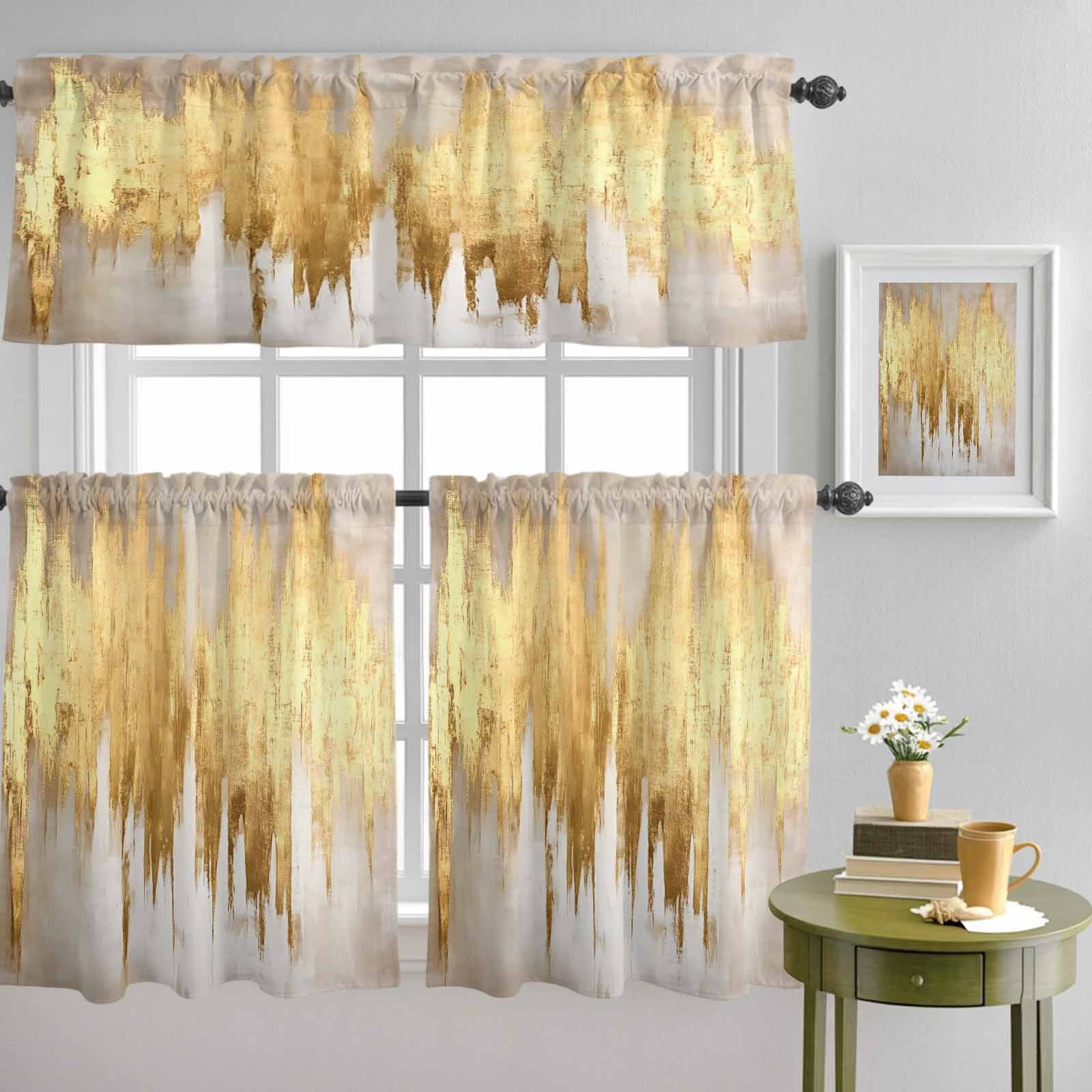 Gold Foil Abstract Geometric Curtain Tier and Valance Set 3 Piece ...