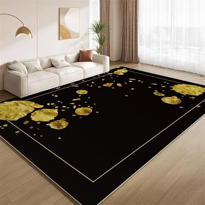 Gold Foil Decorated Black Area Rug, Golden Lines Geometry Rug, Indoor ...