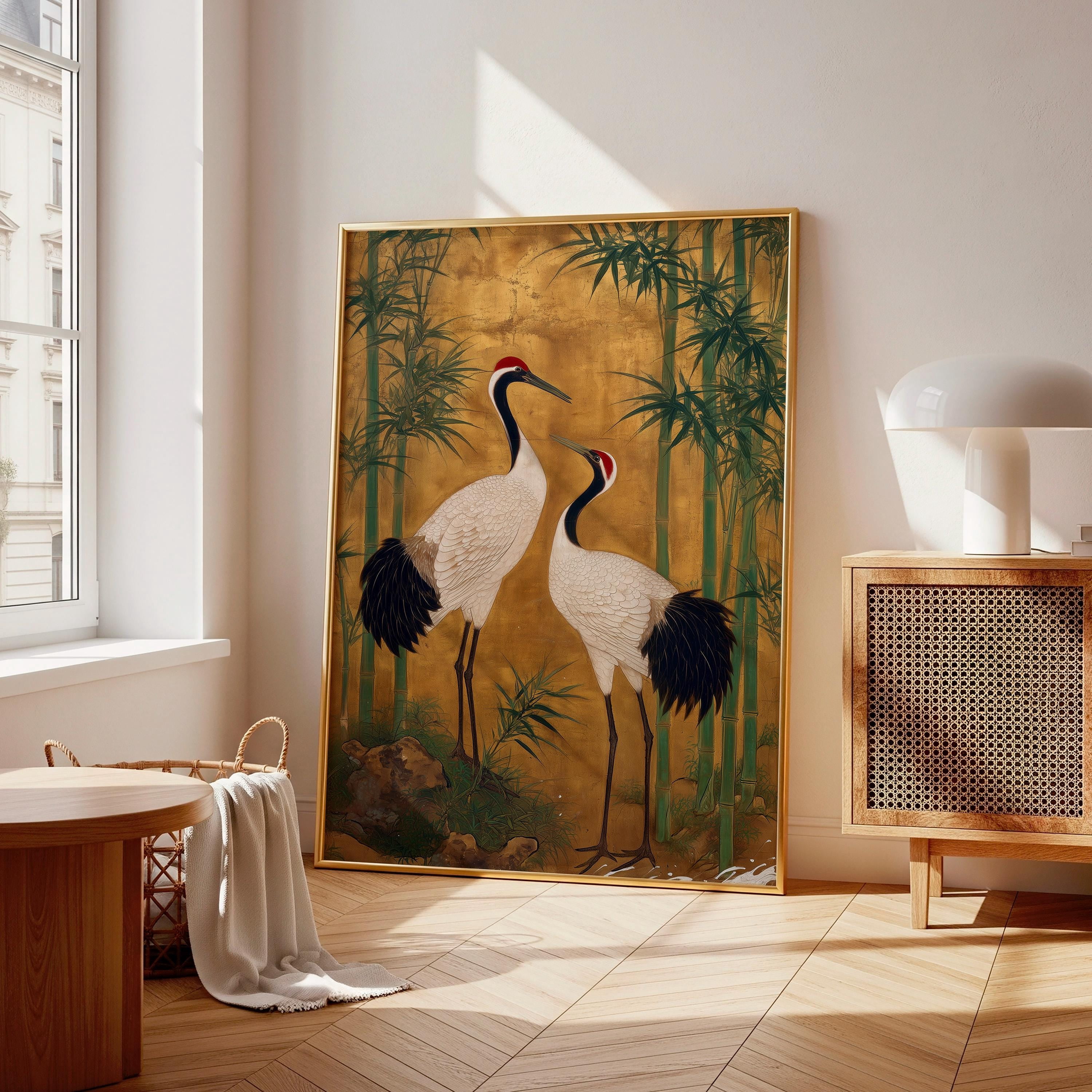 Gold Foil Inspired Japanese Crane Wall Art Oriental Poster Elegant ...