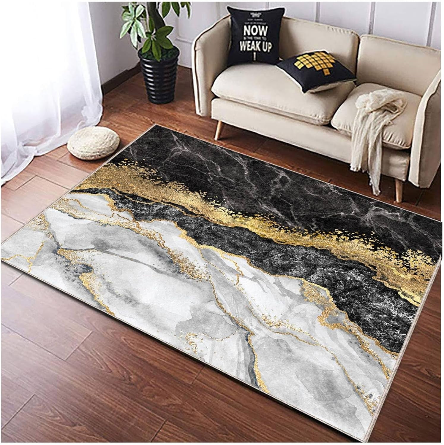 Gold Foil Marble Area Rug, Granite Texture Pattern Printed Rugs, Soft ...