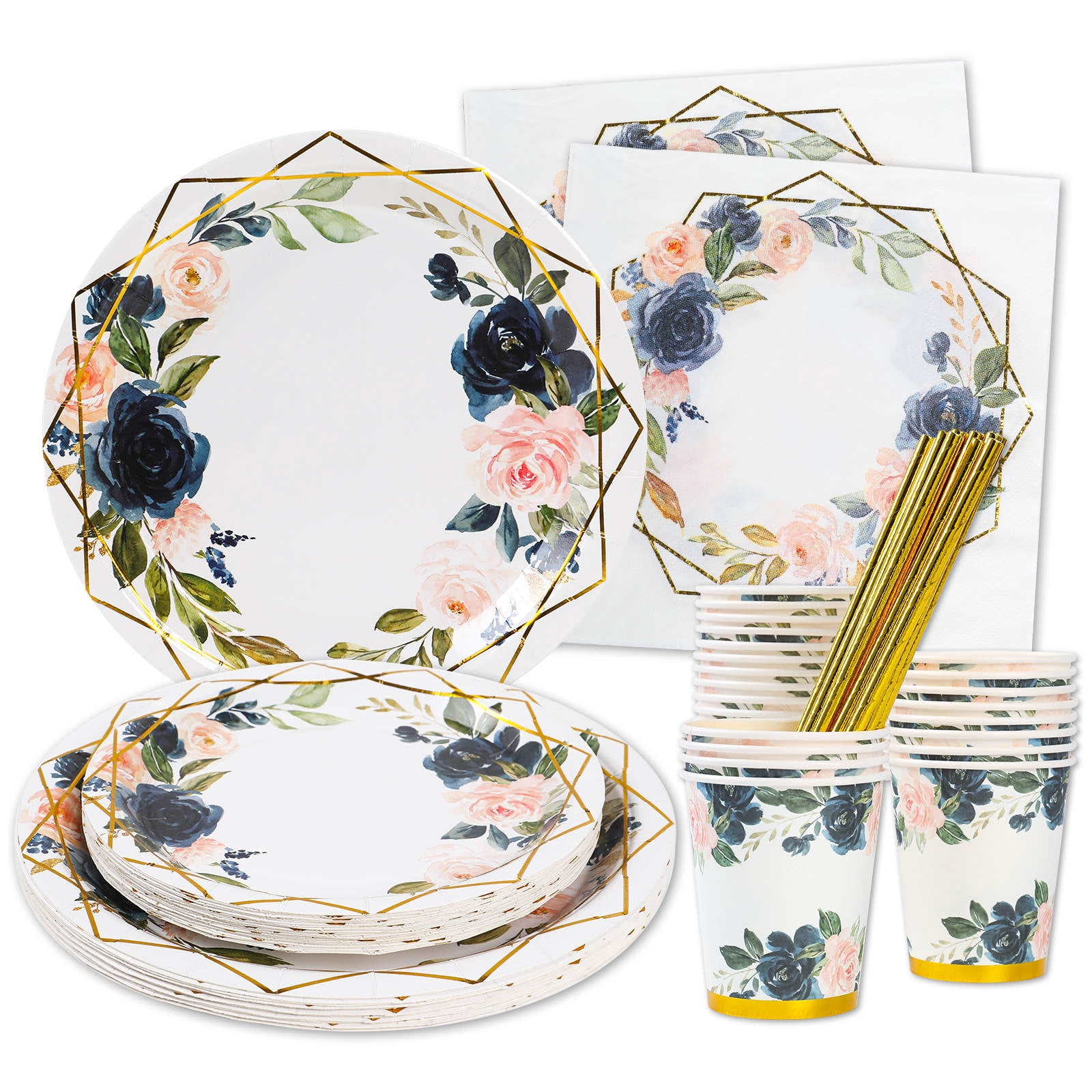 Gold Foil Pink and Blue Floral Paper Plates, 24 Guests, Dinner Plates ...