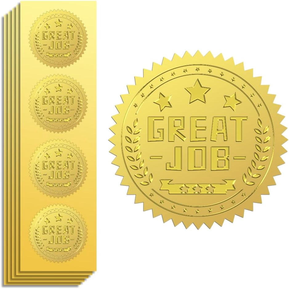 Gold Foil Sticker Seal Embossed Great Job and Stars 2 Inch 100Pcs Self ...