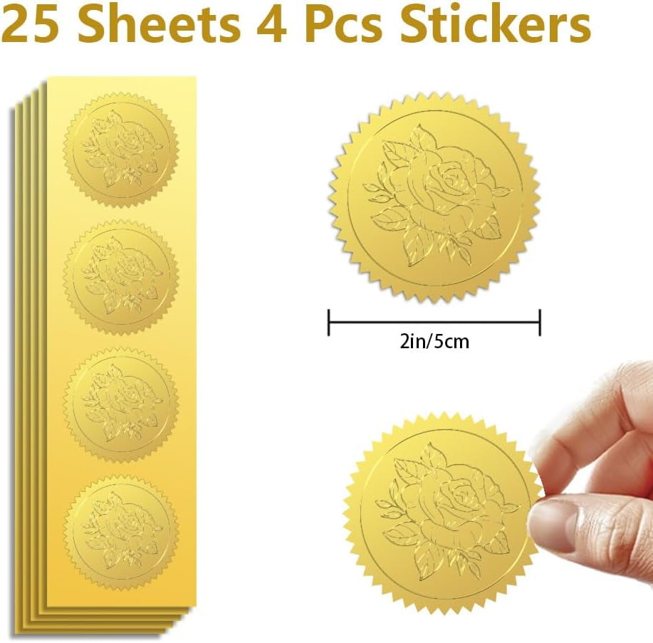 Gold Foil Sticker Seal Embossed Roses 2 Inch 100Pcs Self Adhesive ...